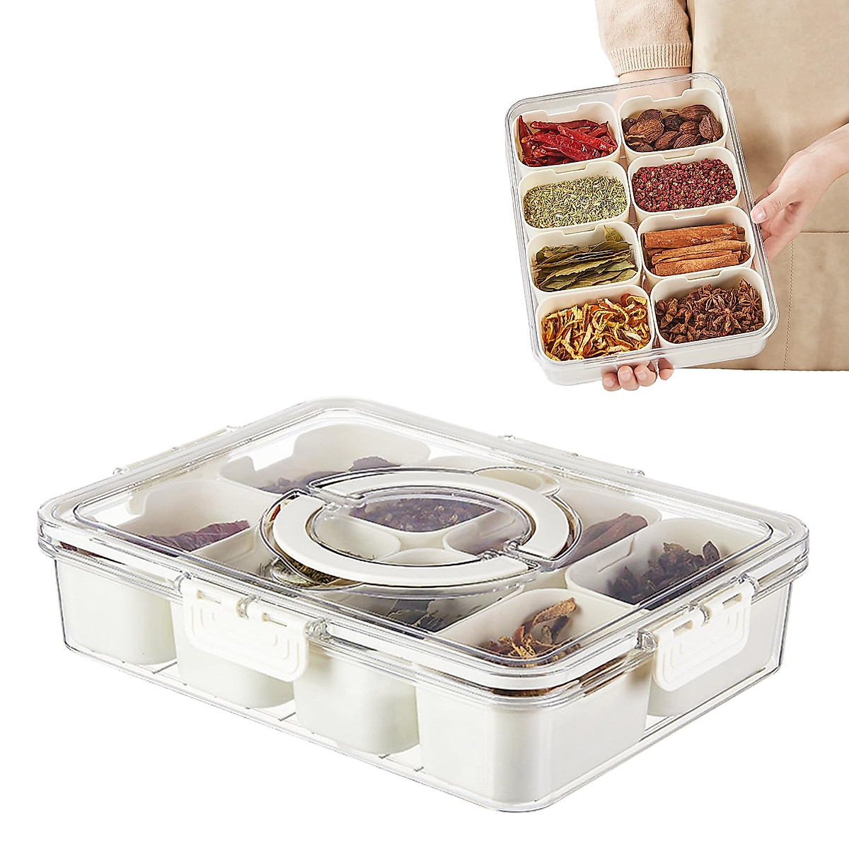 Mimeile Plastic Seasoning Organizer Box Spice Storage Containers Snack Condiment Food Holder 8 Compartment with Sealing Lid Handle Divided Serving Tray for Kitchen Cabinet Pantry Refrigerator