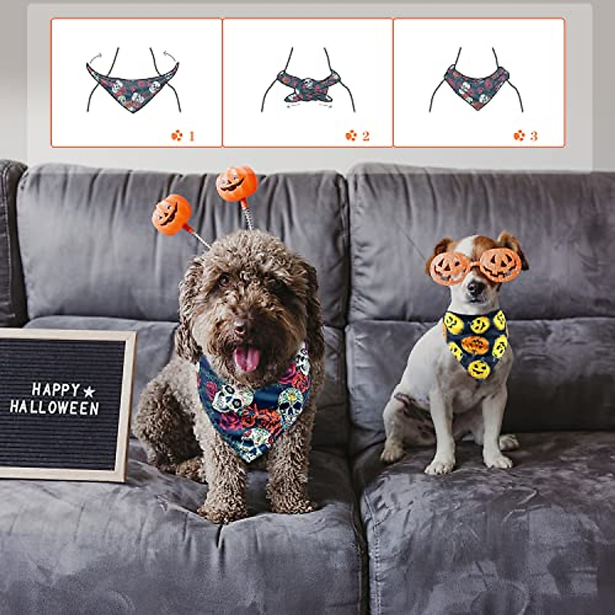 PurrNbark Halloween Dog Bandanas for Small Medium Large Breed Dogs and Cats Dog Bandana Girl Boy Scarf 2Pack Halloween Costumes Accessories Pumpkin Skeleton Ghost Pattern Black