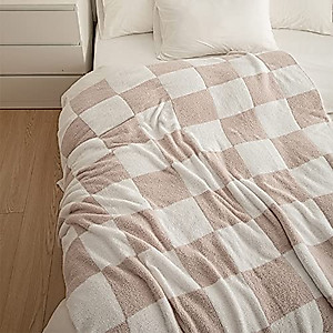 Ultra Soft Classic Checkerboard Chessboard Knitted Throw Blankets Lattice Fluffy Microfiber Lightweight Warm Cozy Bed Blankets Decor for Couch Sofa Bed (Beige, 51"X63")