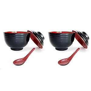 JapanBargain 3422, Set of 2 Japanese Style Soup Bowl with Lid and Spoon Set Miso Soup Bowl Rice Bowl Snack Bowl Dessert Bowl Appetizer Bowl, Black and Red Color, 11 oz