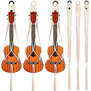 3 Pieces 21 to 24 Inches, Macrame Ukulele Hanger Macrame Wall Mount Hanger Boho Ukulele Wall Mount Hanging Stand Holder for Soprano Ukulele Case Wall Decor Alternative Kit, Black Ring and Wooden Bead