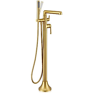SOEBIZ Free Standing Tub Faucet, Brass Freestanding Bathtub Faucets Floor Mounted Brushed Gold Tub Filler with Swivel Spout and Hand Shower, Flow Max 6.5 GPM@60PSI