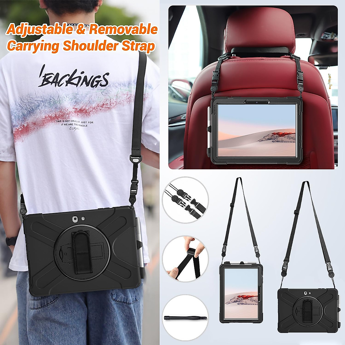 DreamerX Microsoft Surface Go 4 10.5 Inch (2023)/ Surface Go 3 2021/ Surface Go 2 (2020)/ Surface Go Case 10" (2018) with Hand Strap Stand Carrying Shoulder Strap Kids Friendly Shockproof Cover, Black