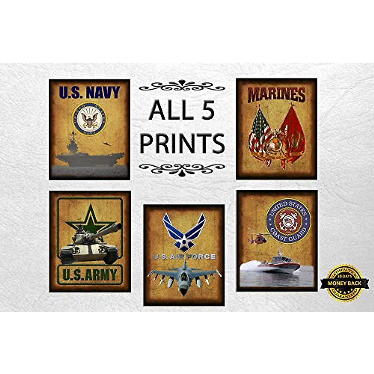 Military 5 Pack Patriotic Tribute to All 5 Branches - Wall Art - 8" X 10" - Unframed - Makes People Stop in Respect (Military 5 Pack 8" X 10")