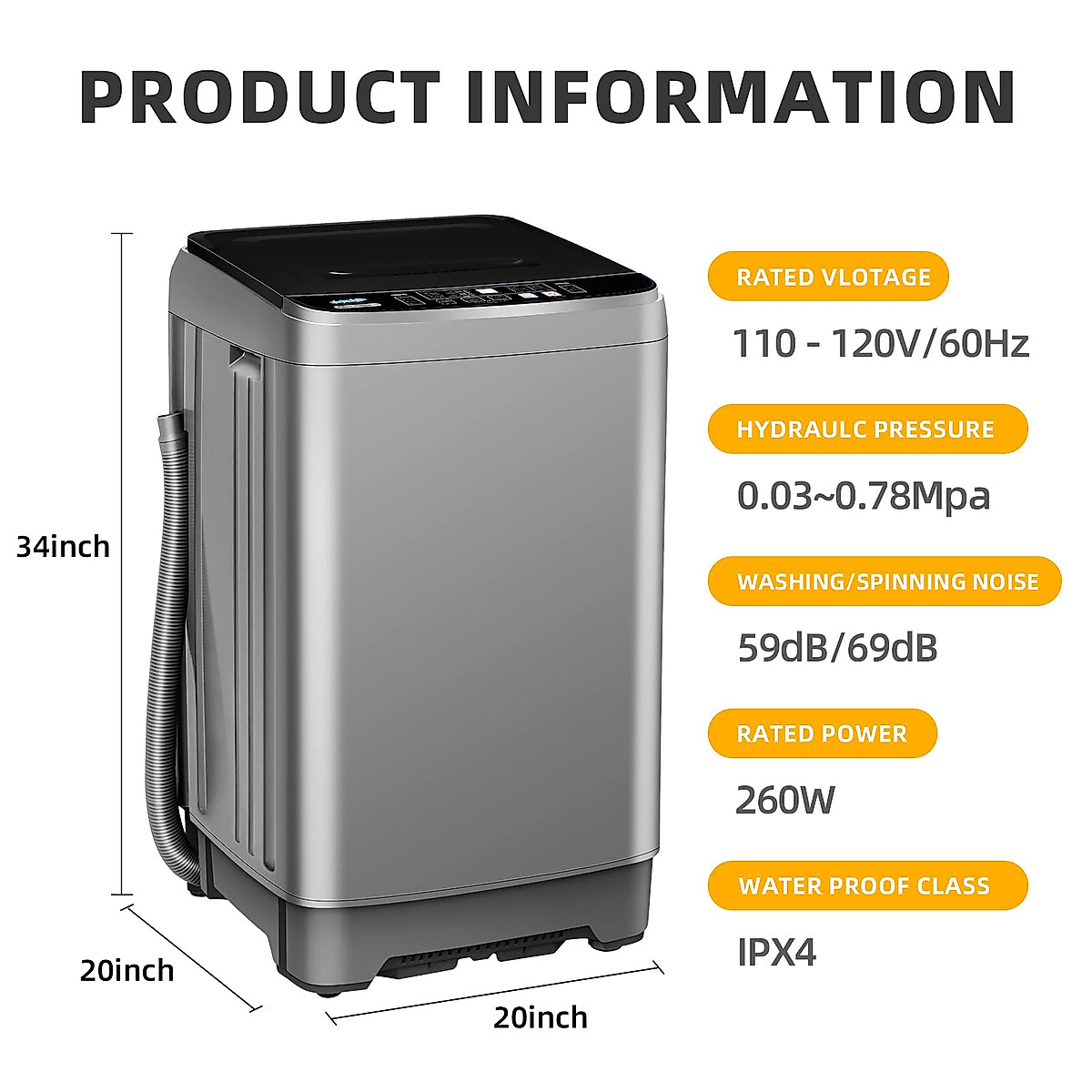 BORCOLO Portable Washing Machine, 17.7lbs Full-Automatic Small Washing Machine for Apartment, 10 Wash Programs with Drain Hose Dorm Size Portable Washer for RV, Home, College, Grey