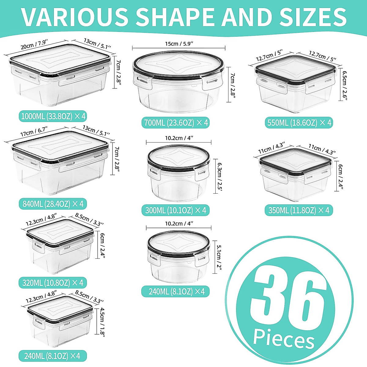 Skroam 72 piece Food Storage Containers Set with Airtight Lids (36 Containers & 36 Lids), Plastic Leak-Proof Kitchen Storage Containers for Pantry Organizers and storage - Meal Prep, Lunch Containers