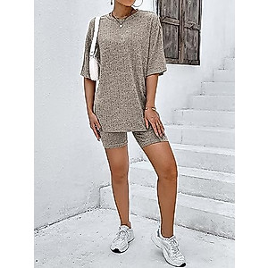 Ekouaer Pajamas 2 Piece Lounge Sets Ribbed Knit Matching Outfits T-shirt Biker Shorts Sleepwear Loungewear Sweatsuits Camel Medium