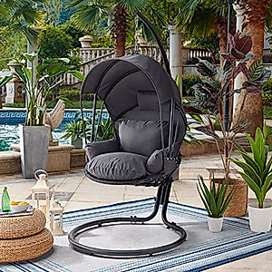 Barton Deluxe Hanging Chair Grey w/Canopy Sun Shade Deep Cushion Lounge Seating Outdoor Indoor Patio Bedroom Hanging Swinging