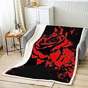 Girls Rose Fleece Throw Blanket Rose Blooming Floral Print Sherpa Blanket Women Romantic Flowers Pattern Plush Blanket Luxury Red Black Decor Fuzzy Blanket for Sofa Bed Couch,Twin 60x80 Inch