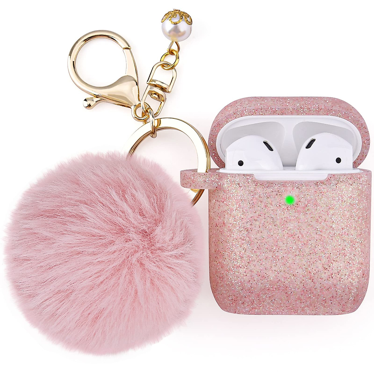 Filoto Compatible with Airpod 2&1 Case Cover, Cute Silicone Protective Accessories Cases/Keychain/Pompom, Best Gift for Girls and Women, Rose Gold