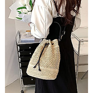 Obosoyo Women Straw Bucket Bags Drawstring Beach Bag Handwoven Crochet Tassel Purse Bohemian Shoulder Handbag