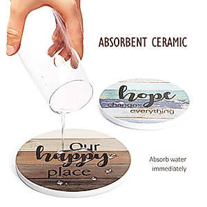 RayPard Absorbent Coasters Stone Coaster Set of 8, Cork Base, with Holder, Wood Look, Farmhouse Country Life Outdoor for Housewarming Apartment Kitchen Room Bar Décor, Rustic Style (Black Holder)