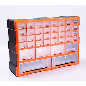 Tools, Hardware, Crafts Storage Organizer, 32 Small/4 Medium/2 Large Plastic Drawer Cabinets with Precut Labels, 20.47-Inch D x 6.3" Inch W x 14.57 Inch H, Orange