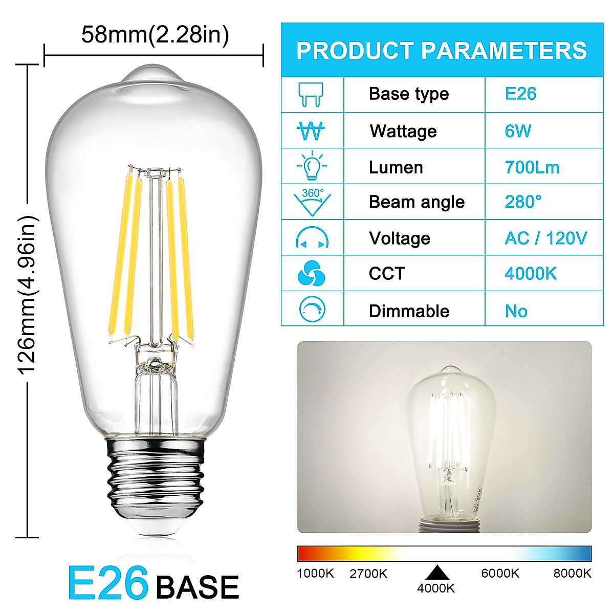 Ascher LED Edison Bulbs 6W, Equivalent 60W, High Brightness Daylight White 4000K, 700 Lumens, ST58 Vintage LED Filament Bulbs with 80+ CRI, E26 Base, Non-Dimmable, Clear Glass, 4 Packs