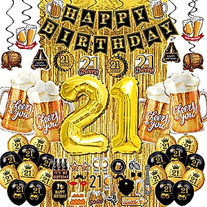 21st birthday decorations for him men - (60pcs) black gold party Banner, 40 Inch Gold Number Balloons,21st Sign Latex Balloon,Fringe Curtains and cheers to you Foil Balloons,Hanging Swirl,photo props