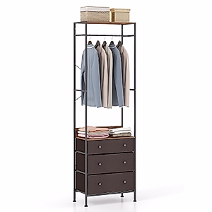 LOKO Clothes Rack with 3 Fabric Drawers, Freestanding Closet Organizer, Clothing Stand Dresser with 3-position Hanging Rod & Storage Shelves, Heavy-duty Garment Rack for Entryway, Bedroom, Cloakroom