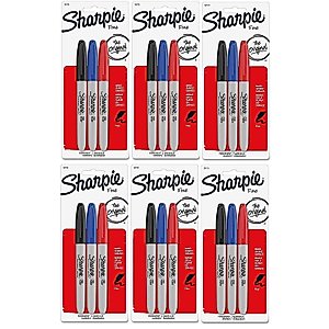 Sharpie 30173PP Permanent Markers (Pack of 6), Fine Point, Assorted Colors, 6 Blister of 3 Markers, 18 Markers Total