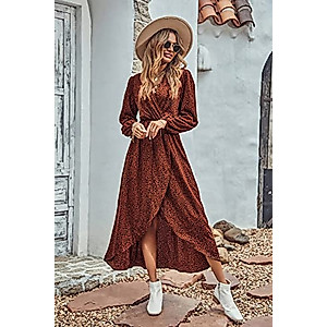 PRETTYGARDEN Women’s Long Sleeve Bohemian Dress V-Neck Floral Print High Split Tie Wrap Midi Flowy Dress (Brown, Large)