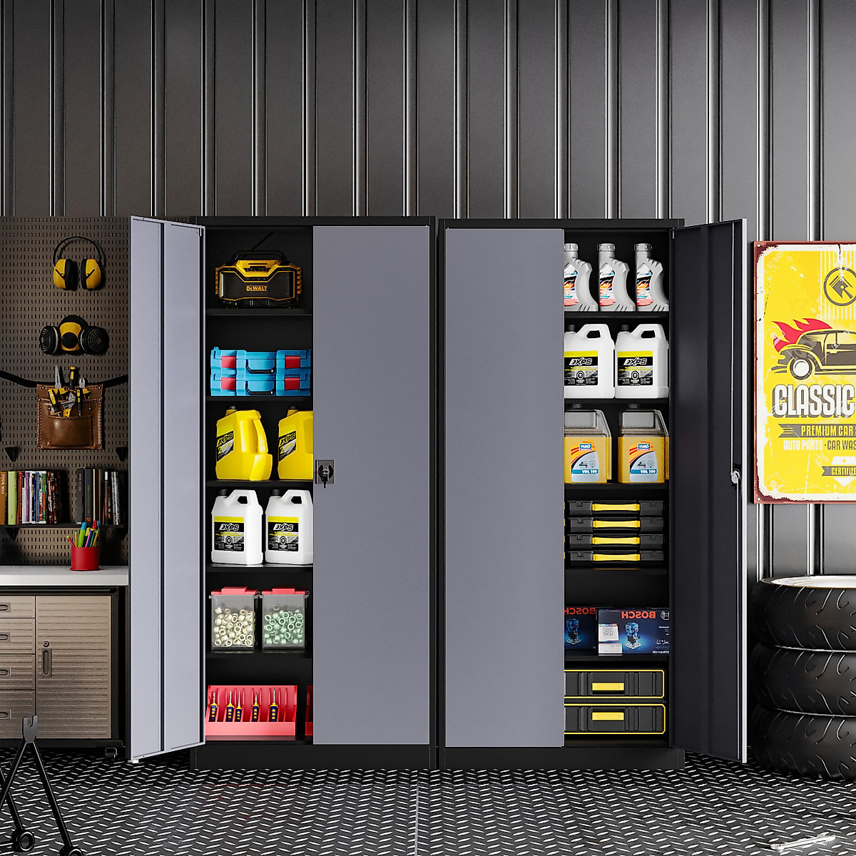 BYNSOE Garage Storage Cabinet with 5 Adjustable Shelves Metal Storage Cabinets with Locking Door, Steel Classic Storage Cabinet for Home, School, Office, Garage (Black Gray-Style 1)