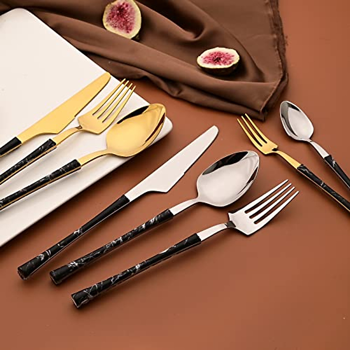 Snplowum 24 Piece (6 Set) Imitation marble Handle Cutlery, Stainless Steel Head Flatware Set For Home Wedding Dinner, Mirror & Modern Knife Fork Tea Spoon Utensils Set -- Black Silver