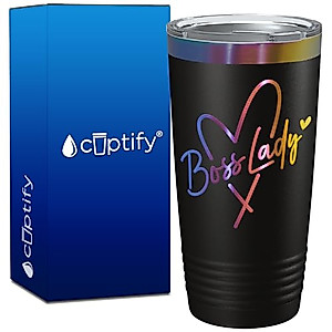 Boss Lady Big Heart Tumbler Birthday Gifts for Women, Coworker, Boss on Black with Ion Prism Design 20 oz Stainless Steel Insulated Cup with Lid - Travel Mug for Mom