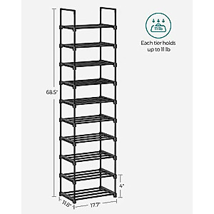 SONGMICS Shoe Rack, 10 Tier Shoe Organizer, Metal Shoe Storage Shelf for 20 Pairs of Shoes, Easy to Assemble, Entryway, Black ULSA25BK