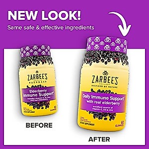 Zarbee's Gummy Daily Immune Support Supplement With Vitamins A, C, D, E & Zinc, Black Elderberry Fruit Extract, Natural Berry Flavor, 60 Count