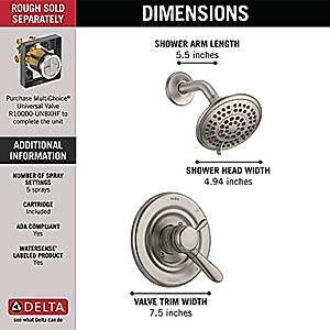 Delta Faucet Lahara 17 Series Dual-Function Shower Trim Kit with 5-Spray Touch-Clean Shower Head, Stainless T17238-SS (Valve Not Included)