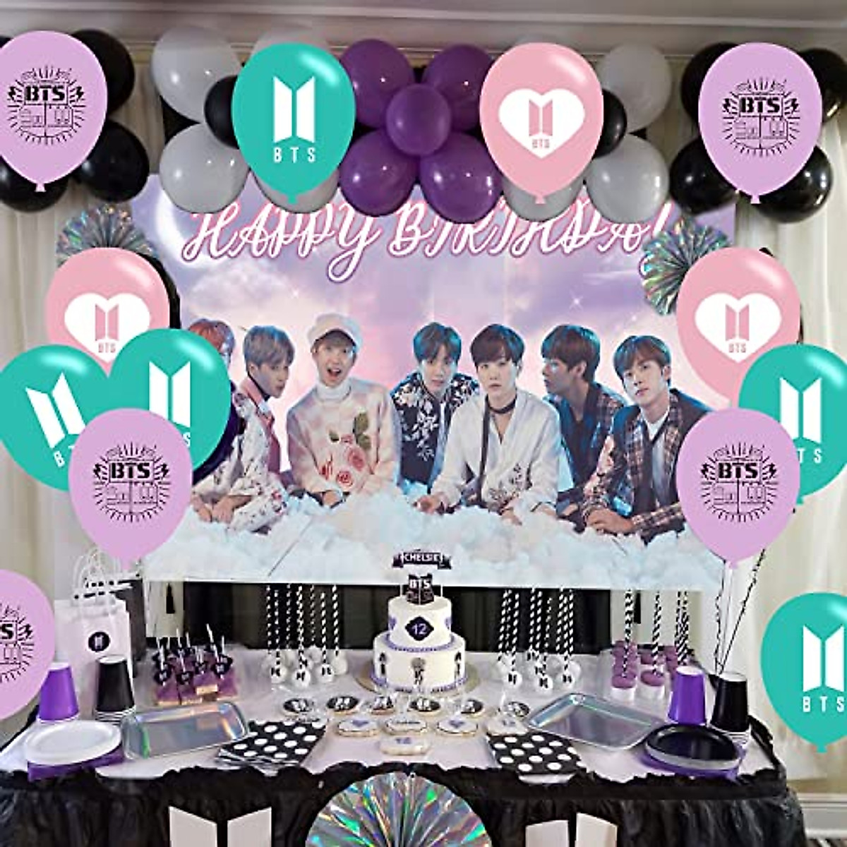 BTS Bangtan Boys Happy Birthday Backdrop Cartoon BTS Banner Poster for Bangtan Boys Fans Girls BTS Theme Party Decorations Kpop Bangtan Boys Birthday Supplies Background Studio Shoot Photo Props Booth