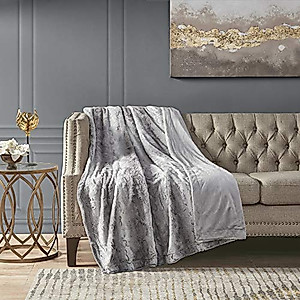 Madison Park Zuri Soft Plush Luxury Oversized Faux Fur Throw Animal Stripes Design, Faux Mink On The Reverse, Modern Cold Weather Blanket for Bed, Sofa Couch, 60x70", Grey