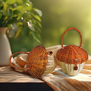 PRTECY Hand Woven Rattan Storage Basket Cute Acorn Shaped Small Handbag with Handle Decorative Woven Basket for Boys Girls Photography Props Storage Ornaments