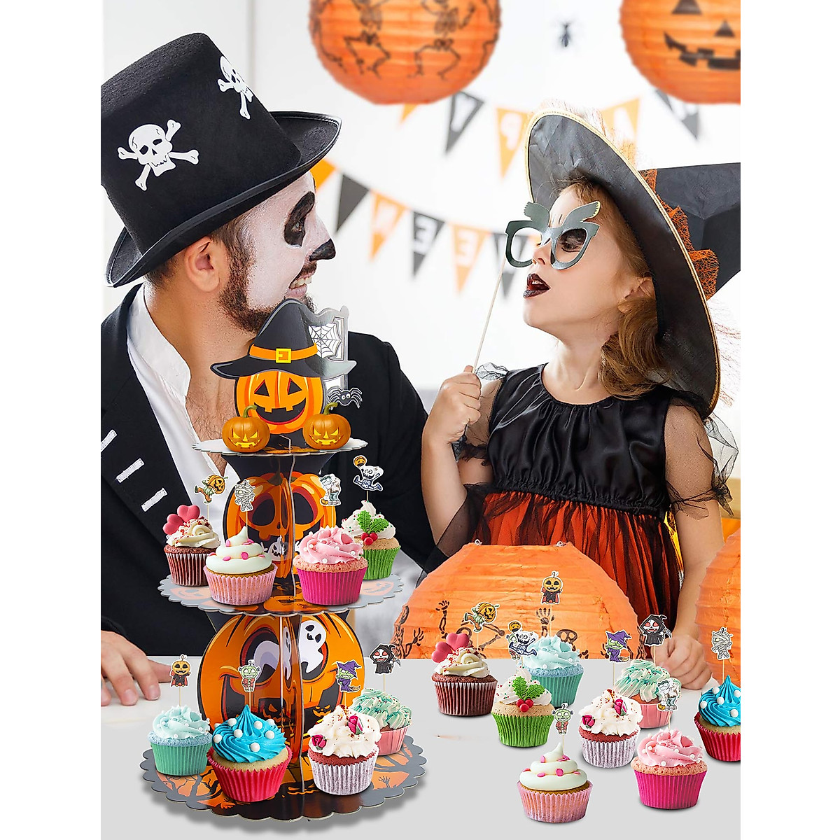 JROYJOY 3 Tier Halloween Cupcake Stand, Cupcake Tower with 16 Pcs Pumpkin Cupcake Toppers, Cake Stand for Dessert Table, Cupcake Display Stand for 24 Cupcakes Party Supplies Halloween Decorations
