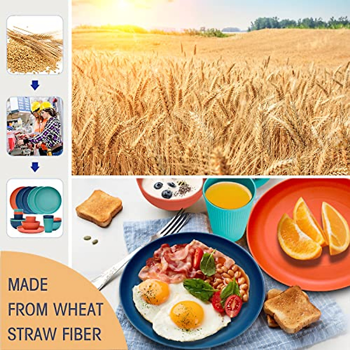 Dhnvcud 18-Piece Plates and Bowls Sets,Wheat Straw Dinnerware Sets for 6,Unbreakable Plastic Dinnerware Set,Reusable Plates,Bowls and Cups,Plastic Dishes Set for Kitchen,Outdoor Camping,RV