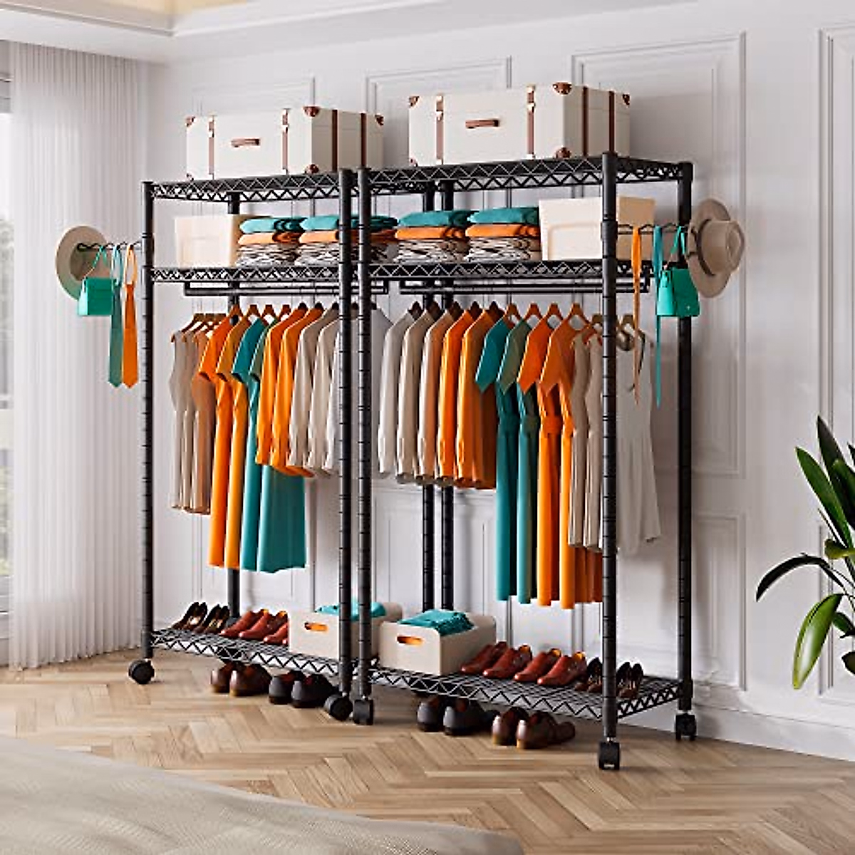 PUNION Heavy Duty Rolling Garment Rack,Portable Clothes Rack for Hanging Clothes,Clothing Rack,Wardrobe Storage Rack with 3 Shelves,1 Hang Rod,1 Side Hook,36" Lx18 Wx71 H, Max Load 500LBS, Black,GR1