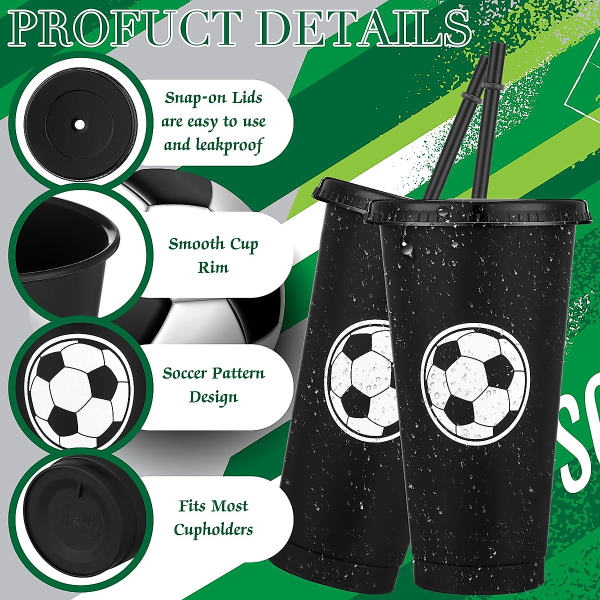 Domensi 12 Pcs Sport Soccer Plastic Tumbler with Lid and Straw 24oz Reusable Plastic Cups Sports Gifts for Fan Friend Guest Birthday Office Sport Party Supplies