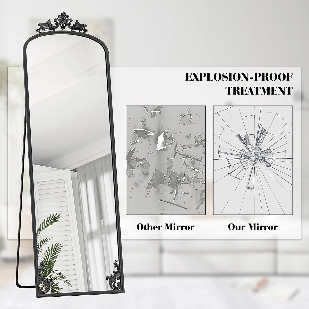 AZODY Arched Mirror Full Length with Stand, 65" x 21" Black Floor Length Mirror with Carved Metal Frame, Full Body Wall Mirror for Home Decor Wedding Entryway Living Room