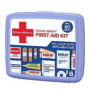 Johnson & Johnson Travel Ready Portable Emergency First Aid Kit for Minor Wound Care with Assorted Adhesive Bandages, Gauze Pads & More, Ideal for Travel, Car & On-The-Go, 80 pc
