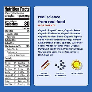 Cerebelly Baby Food Pouches Stage 1 – Purple Carrot Blueberry Smoothie (Pack of 6), Organic Fruit & Veggie Purees, Great Toddler Snacks, 16 Brain-supporting Nutrients from Superfoods, No Added Sugar