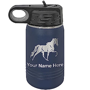 LaserGram Personalized Water Bottle, Horse, Stainless Steel Double Wall Vacuum Insulated with Flip Top Straw, Custom Engraved Gift (12oz / 335ml Navy Blue)