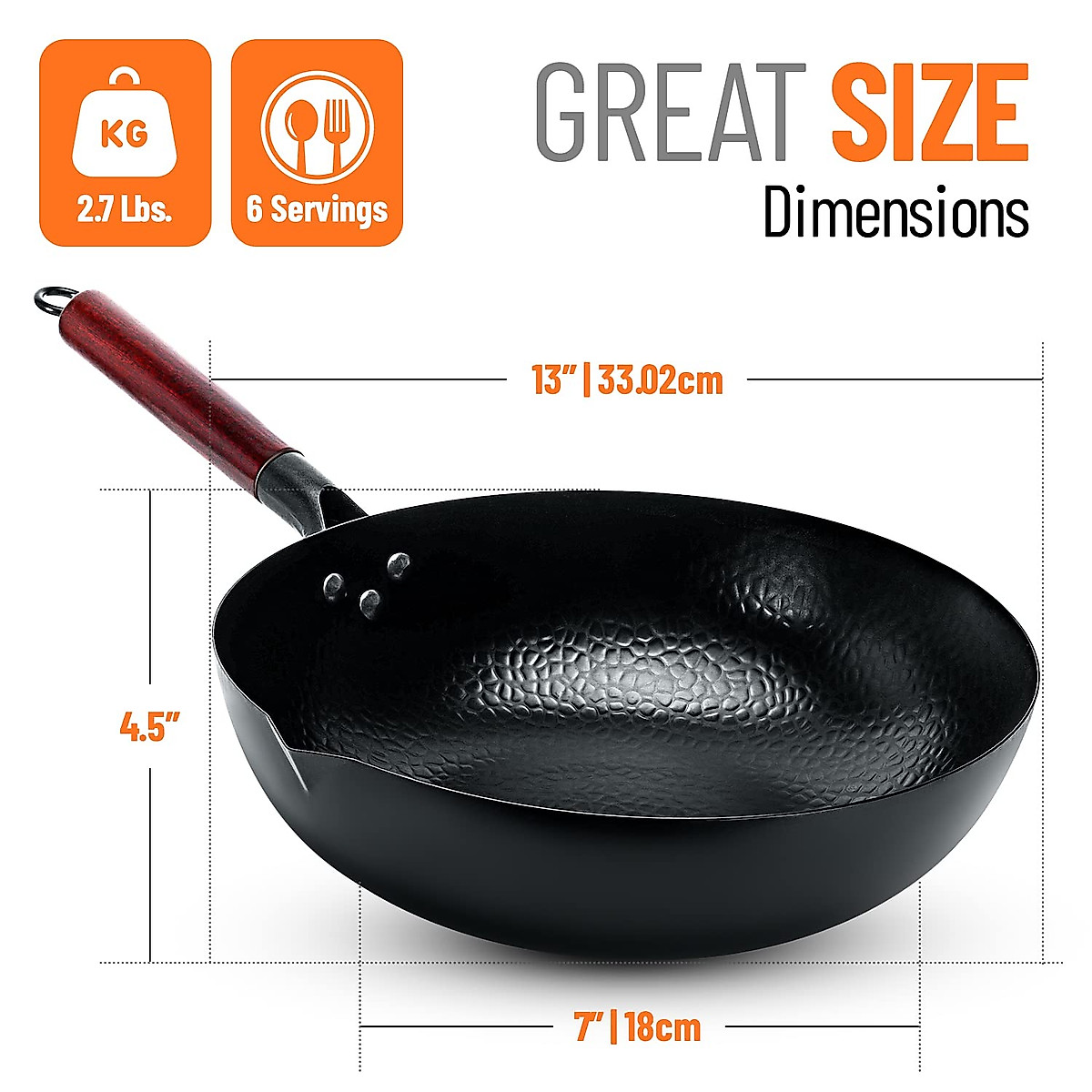 Homeries Wok Pan - 12.8" Woks and Stir Fry Pans, Carbon Steel Wok with Wooden Handle and Lid and 2 Spatulas - Non-Stick Flat Bottom Wok Frying Pan Suitable for Electric, Induction, and Gas Stoves