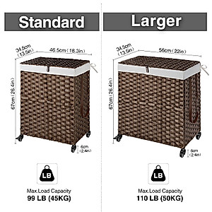 Greenstell Laundry Hamper with Wheels, No Install Needed, 110L Divided Handwoven Hampers & 2 Removable Liner Bags, Rattan Clothes Laundry Basket with Lid & Handles, Foldable Hampers Brown 22x13x26.4In