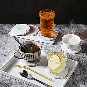 Absorbent Coasters for Drinks ,Ceramic Coaster Set of 6 with Holder, Durable Cup Coaster for Coffee Table with Cork Base for Table Protection, Housewarming Birthday Gifts, Home Decor (White Marble)