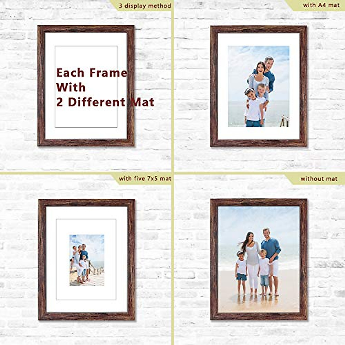 Q.Hou 11x14 Picture Frames Wood Patten Rustic Brown Set of 2, Each Frame with 2 Mats,Display A4 or Five 5x7 Photos with Mat & 11x14 Picture Without Mat for Wall Mount (QH-PF11X14-BR)