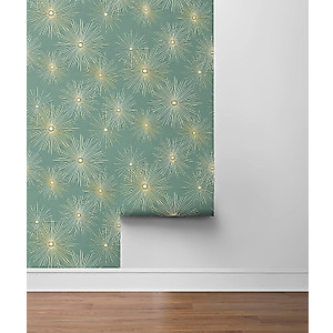 NextWall Starburst Geo Mid Century Peel and Stick Wallpaper (Teal & Metallic Gold)