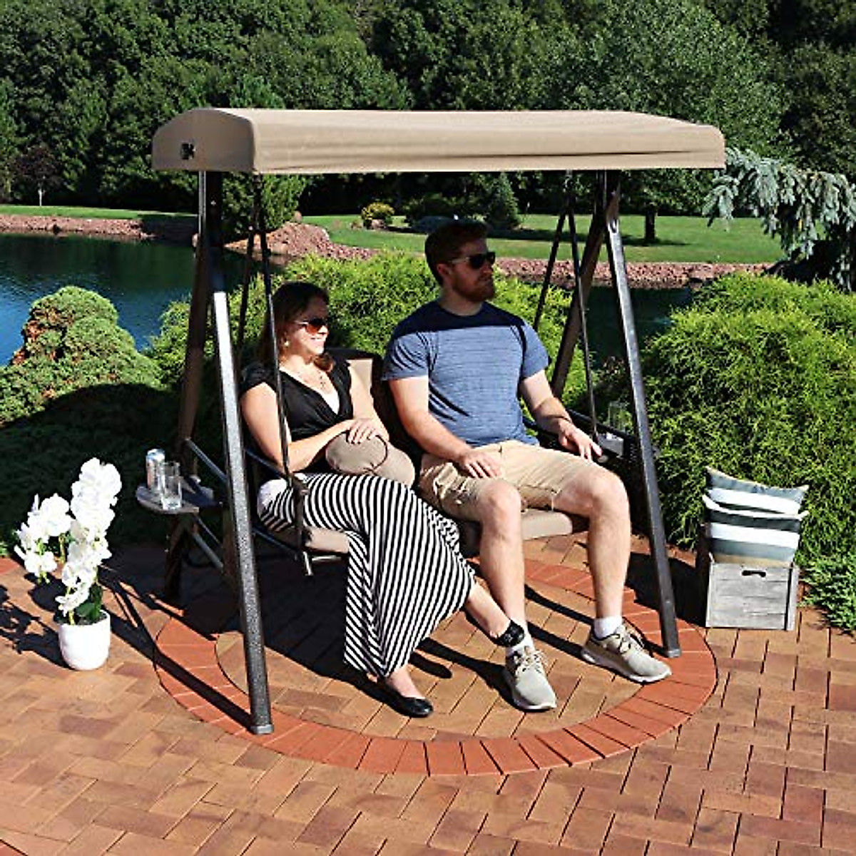 Sunnydaze Outdoor Porch Swing Loveseat with Adjustable Canopy and Steel Frame, Cushions and Pillow Included, 2-Person Patio Seater, Beige