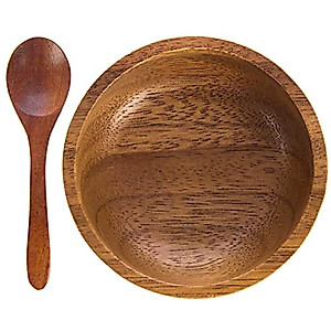MINIATURE DOLL SIZE Tiny 2¾" Dia Acacia Calabash Wood Bowl for Condiments, Dip Sauce, Nuts, Ketchup, Jam, Herb, Prep, Olive, Salsa, Round Wooden Brown Bowl 2.75"x1.5" H Set of 4 (FREE 4 Wood Spoons)