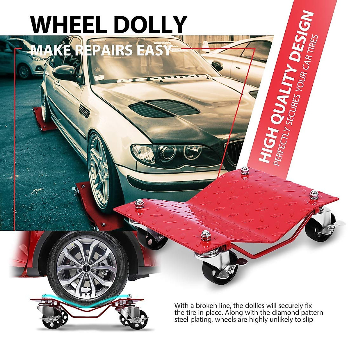 VIVOHOME Heavy Duty 4 Tire Wheel Dolly Car Stakes with 10 Feet Manual Hand Chain Block Hoist