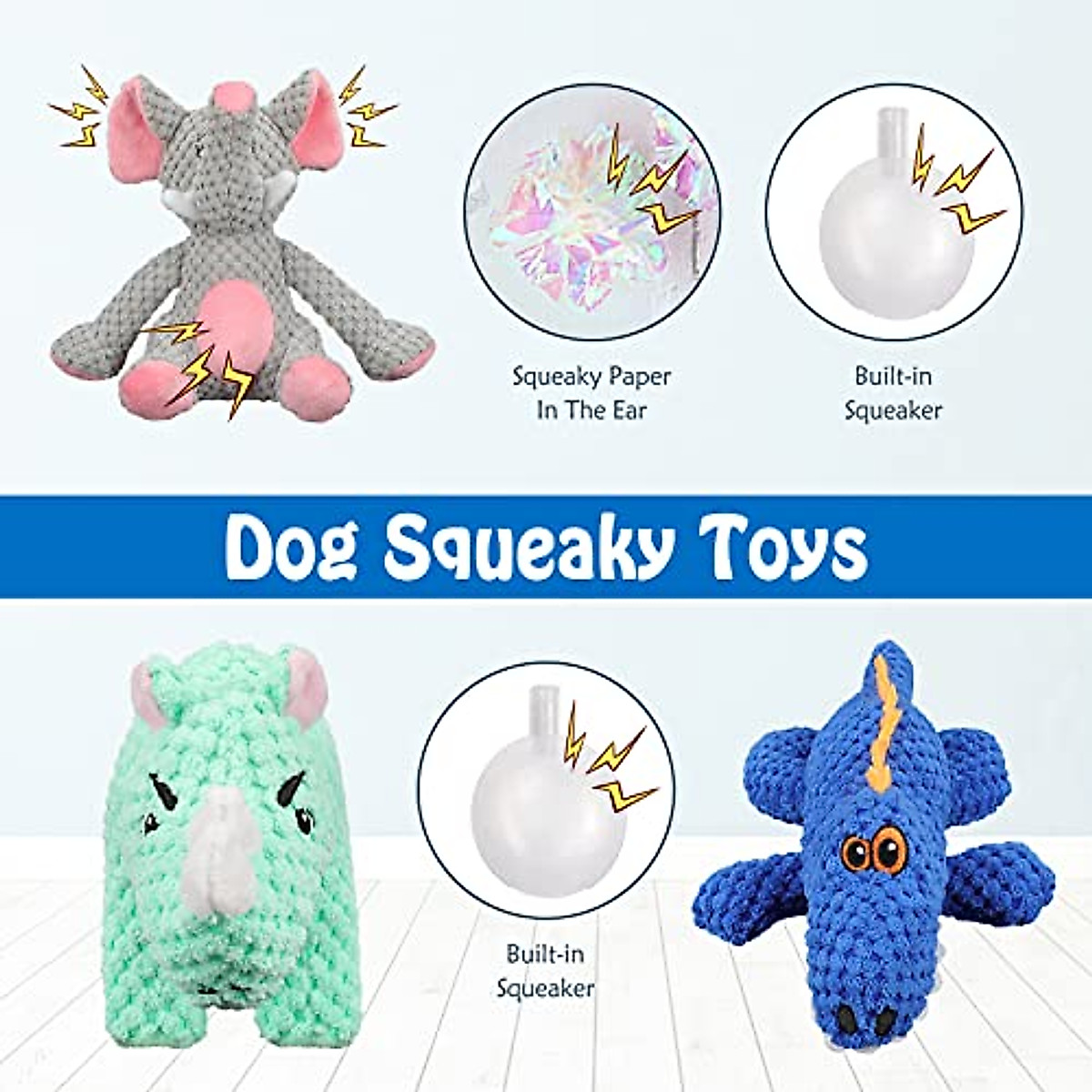BWOGUE Squeaky Plush Dog Toys 3 Pack, Stuffed Dog Chew Toy with Squeaker and Crinkle Paper, Dog Toy Stuffed Animal for Teeth Cleaning for Small Medium Dogs and Puppy(3 Packs Animals Toys)