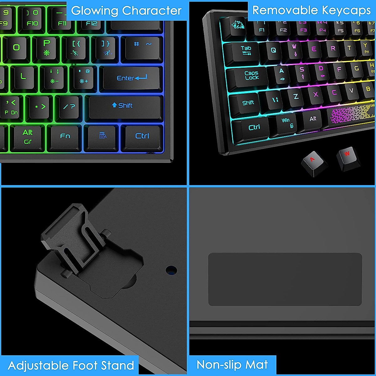 ZIYOU LANG K61 60% Gaming Keyboard Mini Portable with Rainbow RGB Backlit Ergonomic 62Key Layout 19Key Anti-ghosting Mechanical Feel Waterproof USB Wired for PC Mac Windows Gamer Laptop Typists(Black)