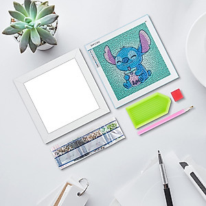 5D Diamond Painting Kit for Kids with Wooden Frame Easy Small Anime Diamond Painting Full Drill Diamond Art Gem Painting for Beginners 7X7 inch (Stitch)